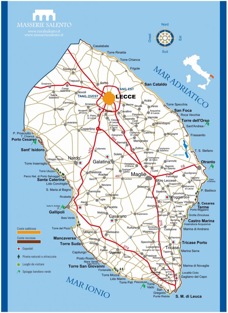 Cartina del Basso Salento - Le spiagge Bandiera Verde